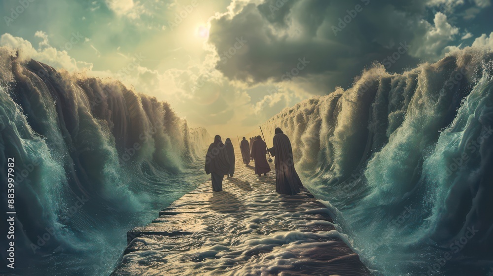 The Israelites crossed the divided Red Sea, with high water on both ...