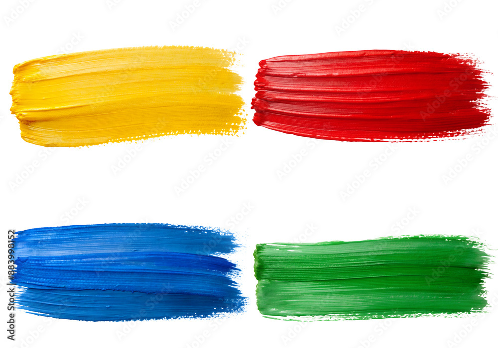Yellow red blue green paint brush strokes in watercolor isolated ...