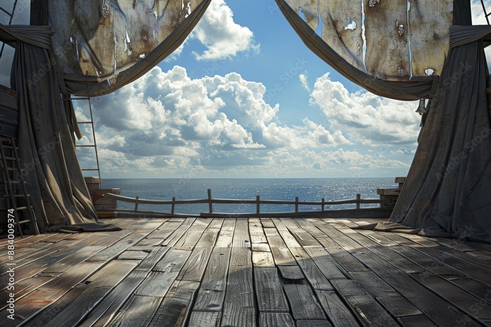 An empty stage on a pirate ship deck, with wooden planks, tattered ...