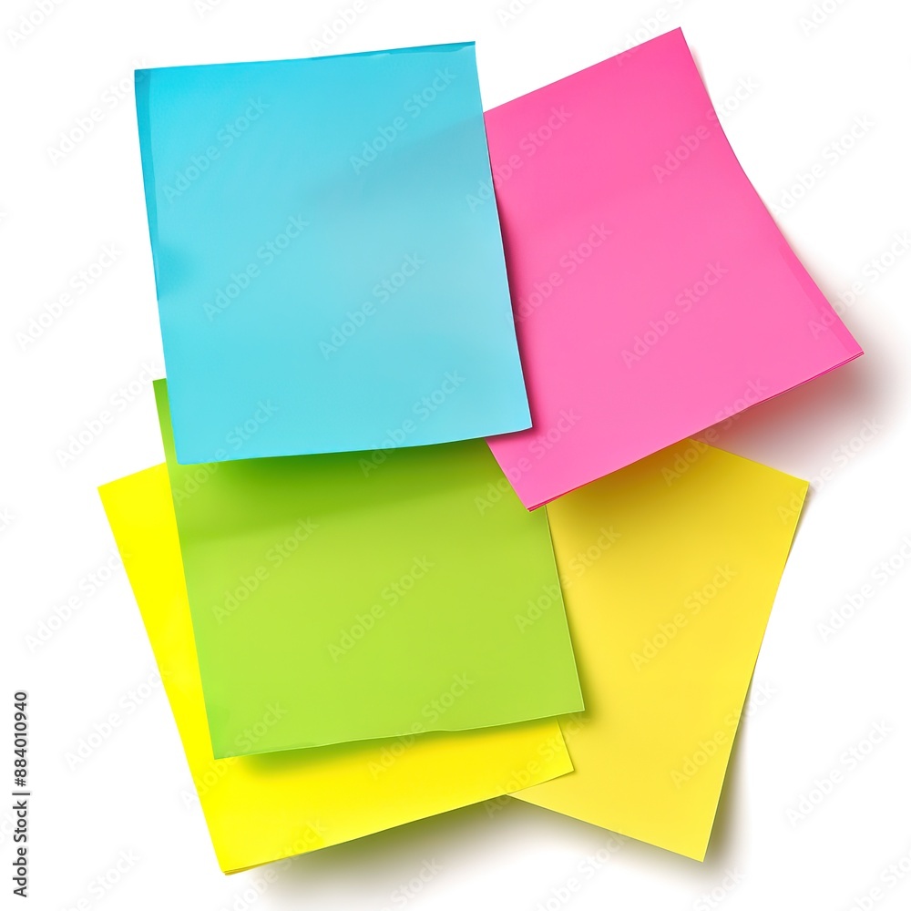 Colored sticky notes stuck to a white background in an irregular ...