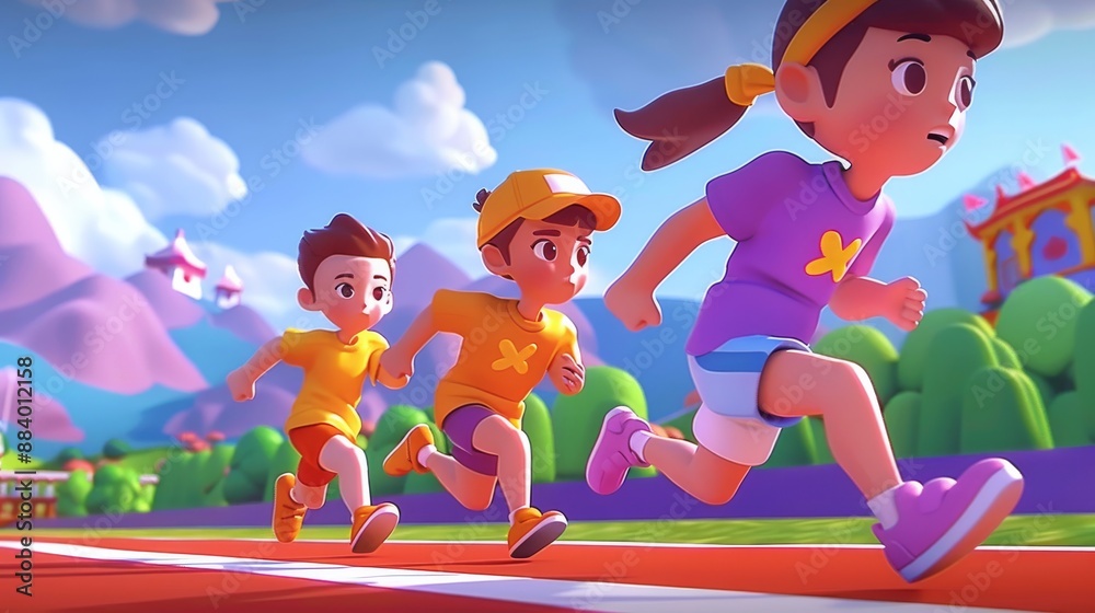 Cute clay style animationï¼ŒAt the sports meet, a man and two women ...