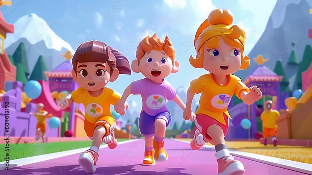 Cute clay style animationï¼ŒAt the sports meet, a man and two women ...