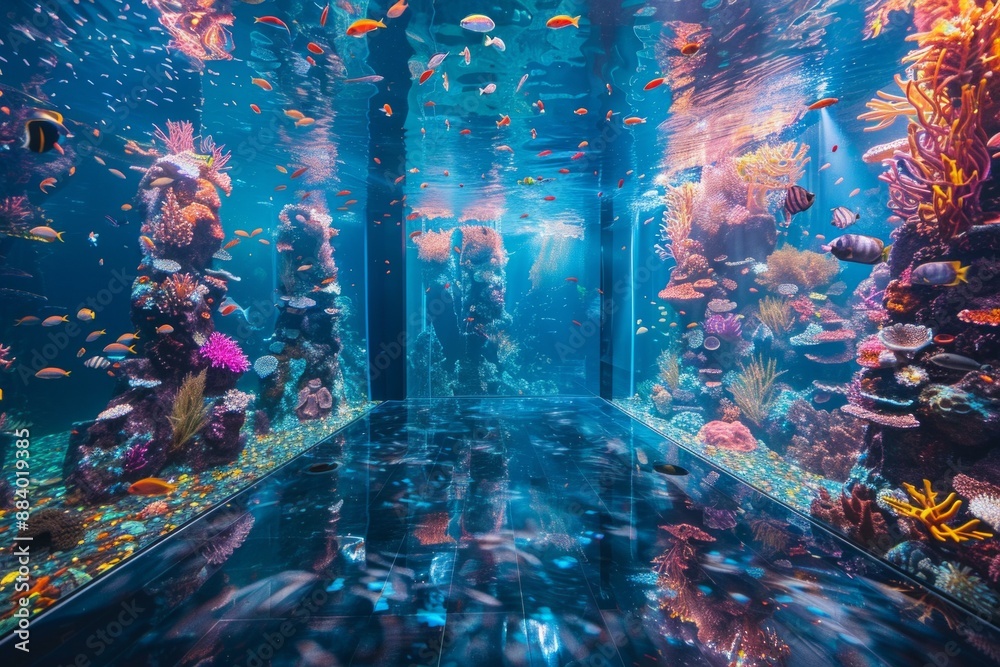 An underwater stage, with a glass floor showing the ocean depths below ...