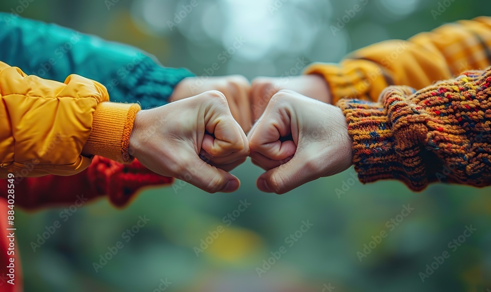 A multiracial group of young friends make a fist bump as a symbol of ...