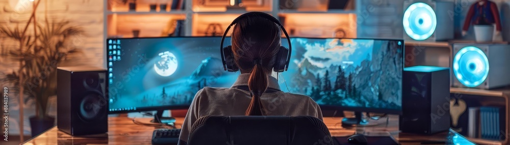 Professional participating in a video call from a home office, dual ...