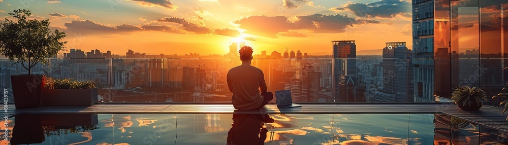 Remote worker on a rooftop terrace with a laptop, city skyline, modern ...
