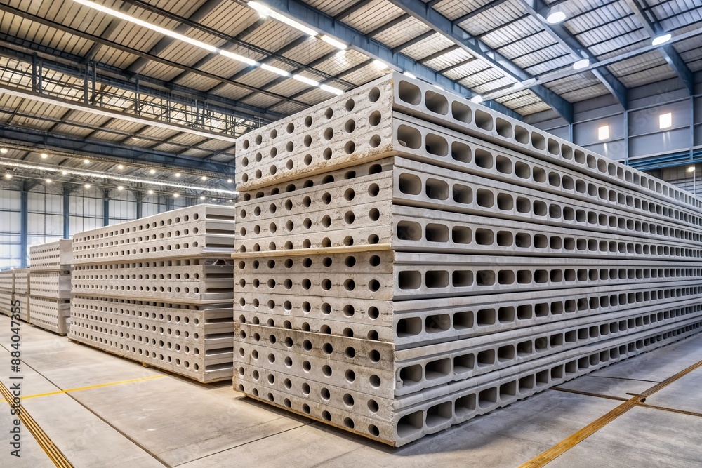 Prefab concrete slabs with holes stacked in a warehouse of a reinforced ...