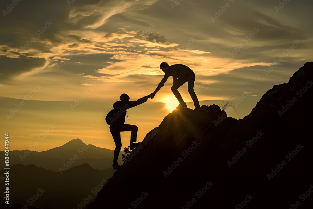 Man is giving helping hand, Silhouettes of people climbing on mountain ...