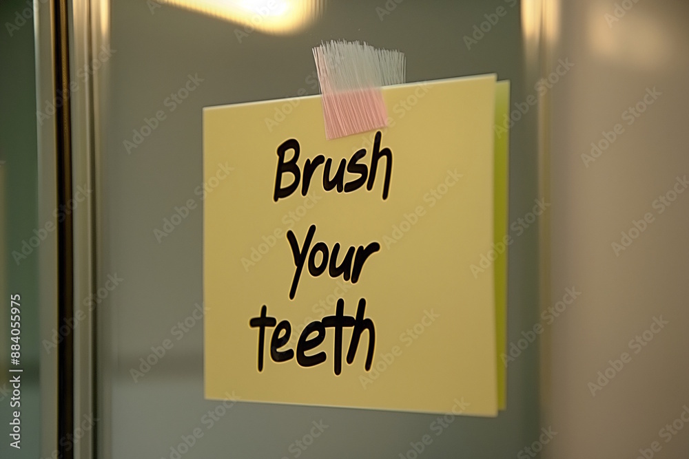 Sticky note with "Brush Your Teeth" reminder taped to a mirror ...