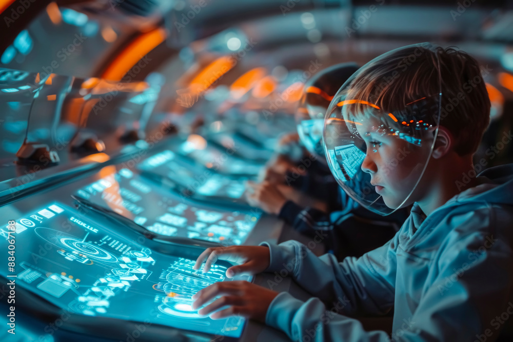 Students sit at sleek, modern desks in a futuristic classroom ...