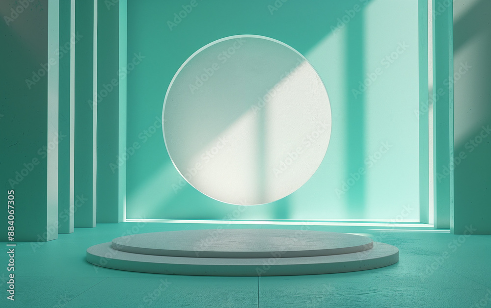 3d, minimalist stage design style, turquoise and white, a circle placed ...