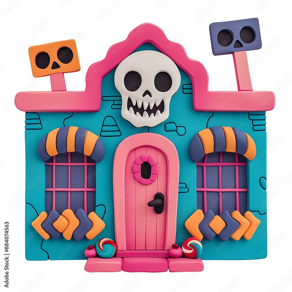 Creepy haunted windows, eerie signs, candy, cartoon style, vivid colors ...