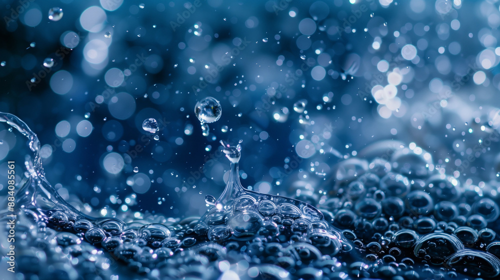 water drops on blue background, bubbles in water, A magnified view of ...