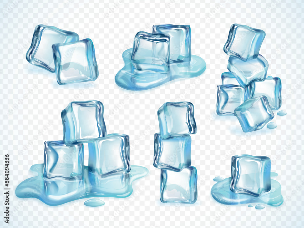 Melting ice cubes. Frozen aqua melt cubes in water puddle, iced pool ...