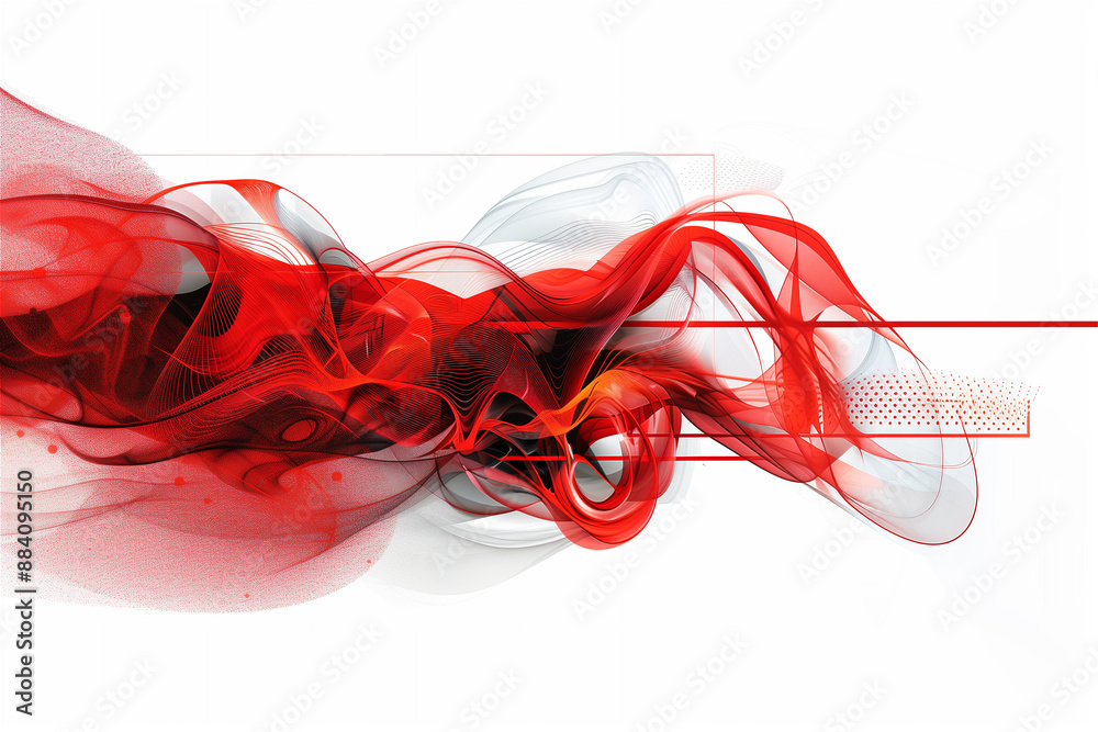 Abstract red background with geometric shape and line drawing on white ...