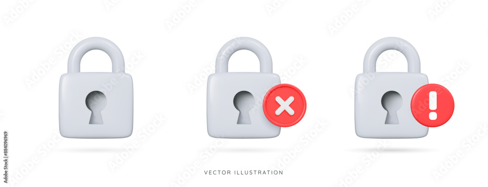 3D Silver padlock with red cross and exclamation mark. Login error. Incorrect password. Access ...
