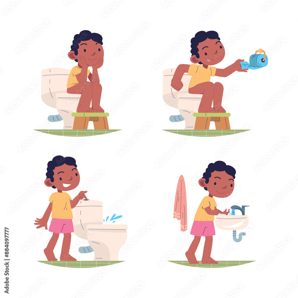 Kid using toilet. Little children sitting toilets tissue in bathroom, lavatory hygiene training ...
