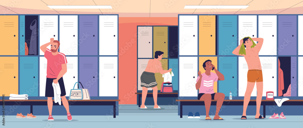 Sportsmen locker room. Gym athletes or football players indoor stadium ...