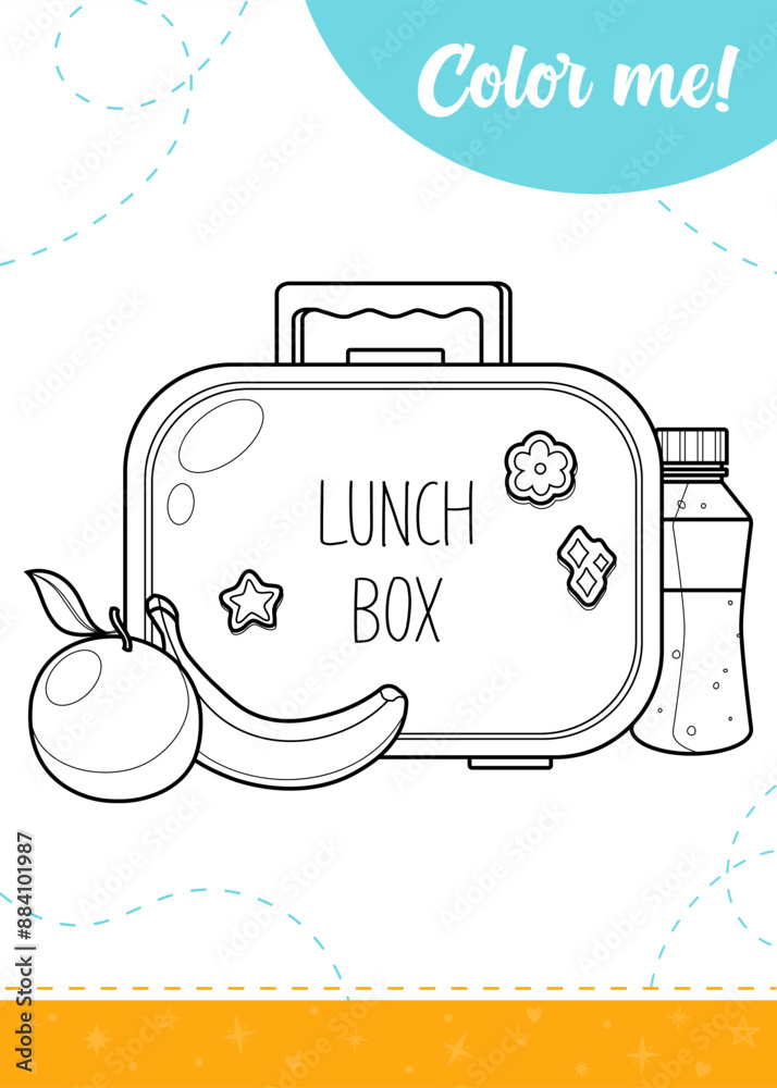 Coloring page for kids with lunch box and different snack. A printable ...
