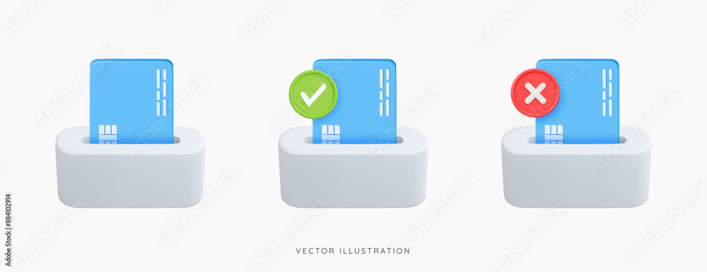 3D Pos terminal with blue credit card, green check mark and red cross ...