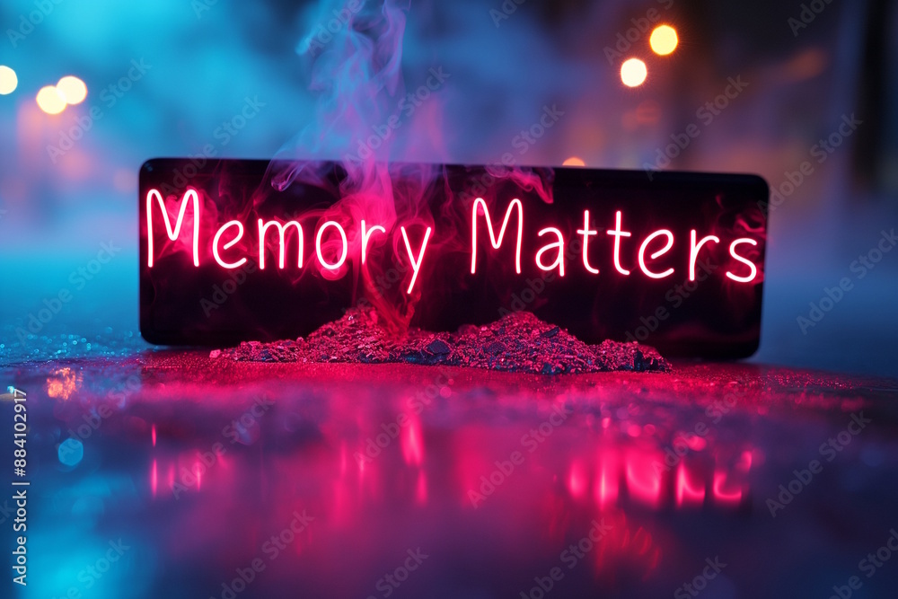 Neon pink "Memory Matters" text with smoke and vibrant background, symbolizing memory and mental ...