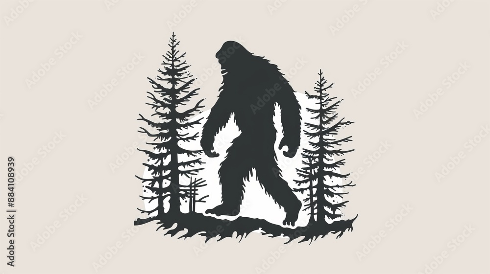 This image portrays a silhouette of Bigfoot walking beside tall pine ...