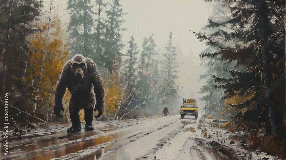 Bigfoot is spotted walking along the side of a muddy, forested road ...