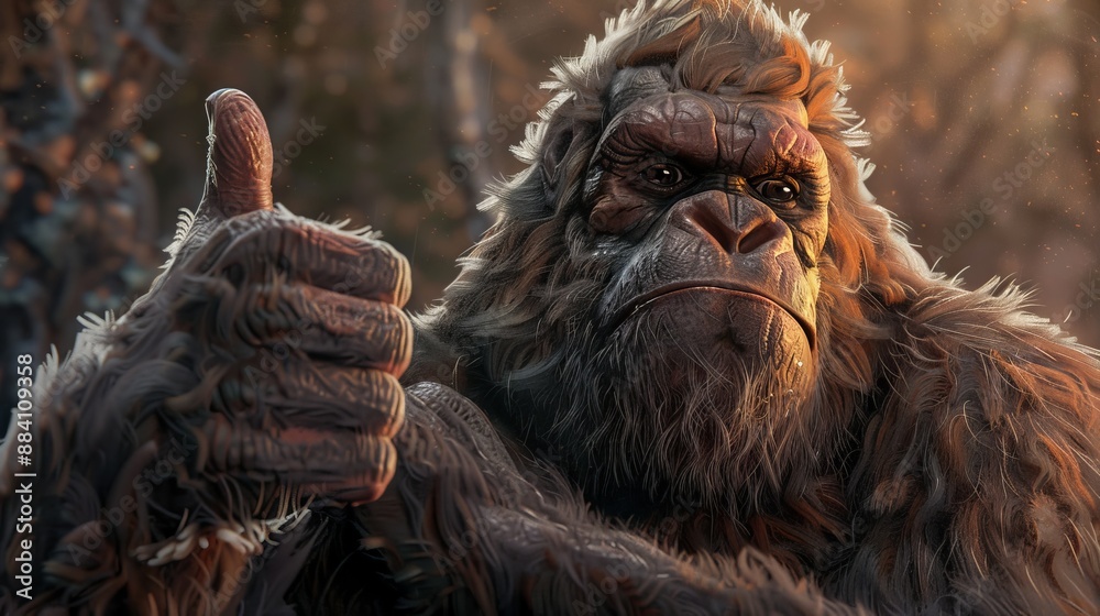 A large ape is prominently shown giving a thumbs up gesture, set ...