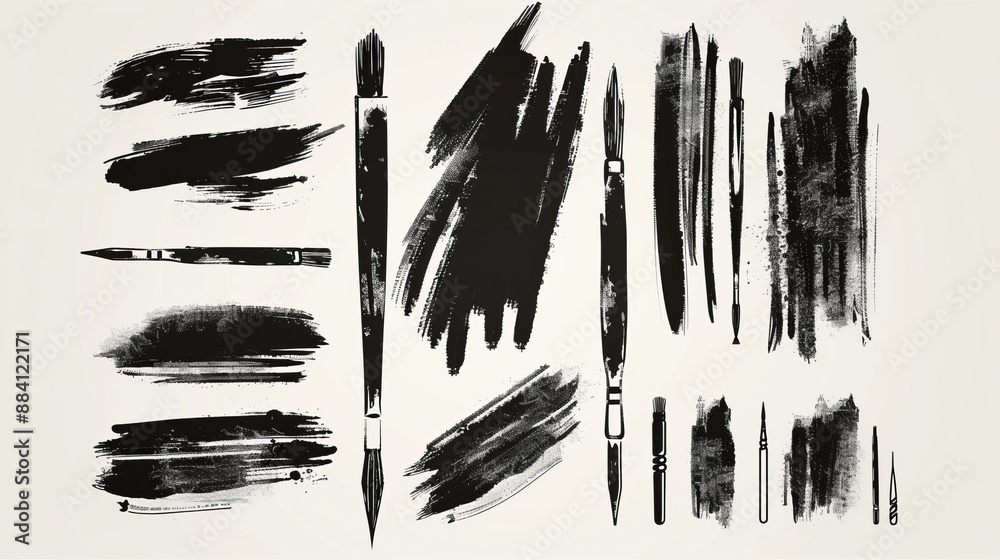 This image features a variety of black pen strokes and brushes ...