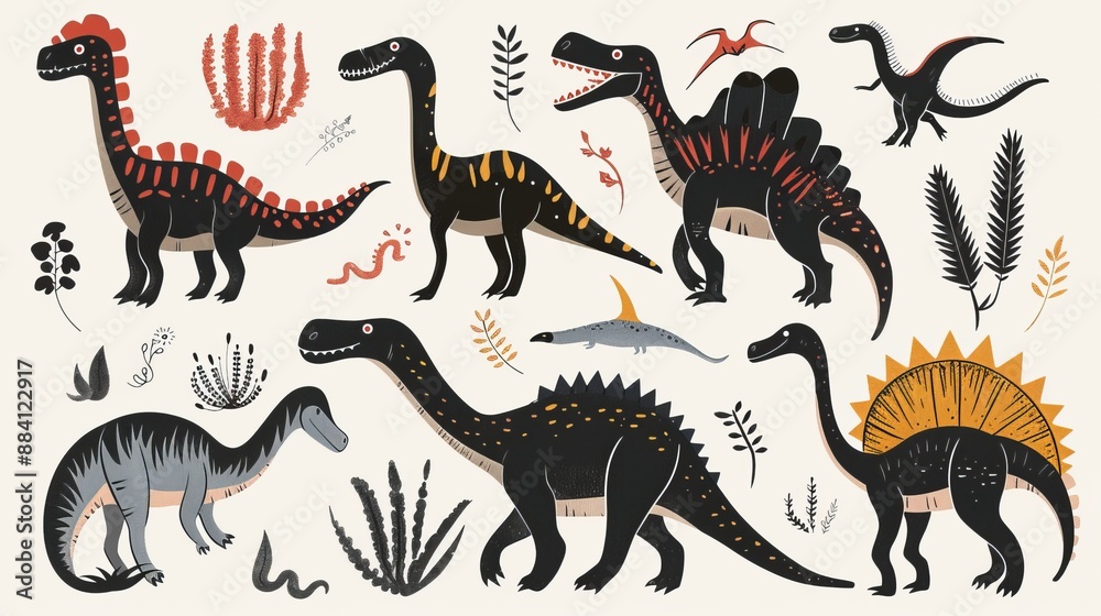 The illustration includes various dinosaur species in different forms ...