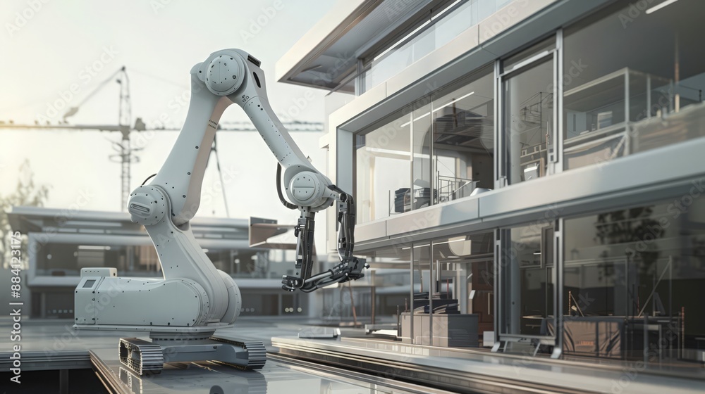 Capture the process of robotic arms precisely placing prefabricated ...