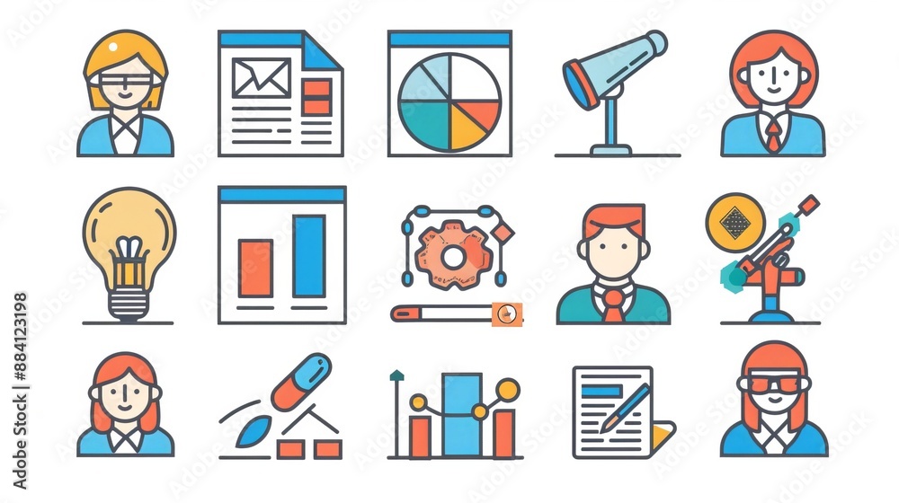 Colorful illustrated icons convey diverse business concepts such as ...