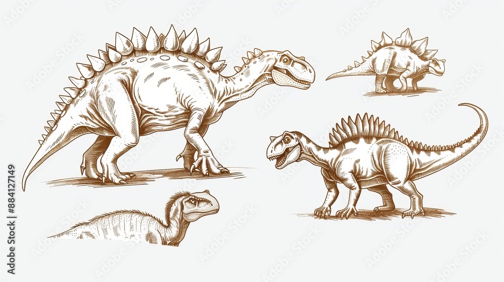 A grayscale illustration featuring a collection of different dinosaurs ...