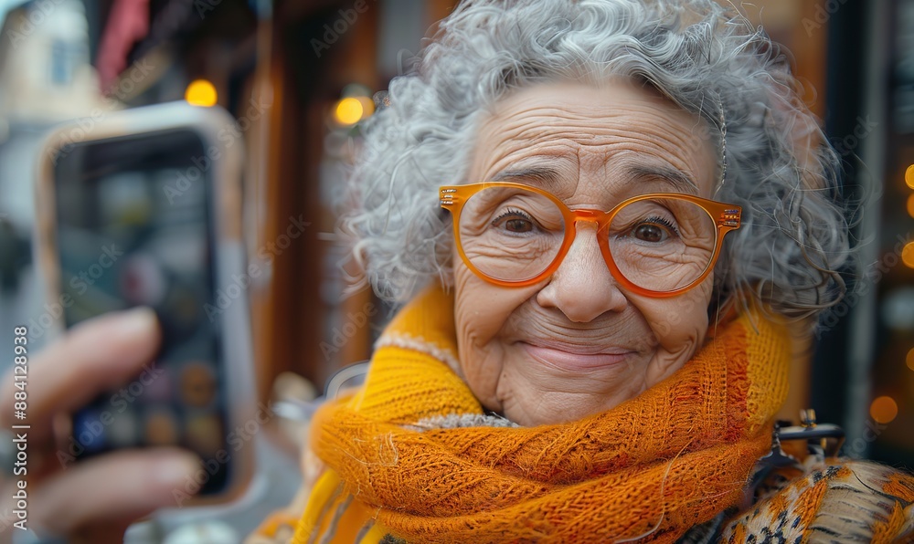 An older woman takes a selfie while working on a laptop computer at ...