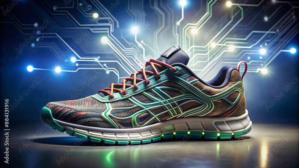 A futuristic illustration of a running shoe transformed into a network ...