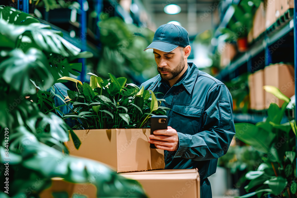 Homme portant un carton de plante dans un entrepôt de stockage d'une ...