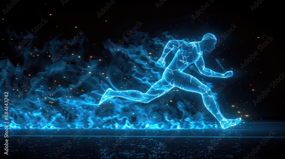 professional athlete running on the track surrounded by blue smoke ...