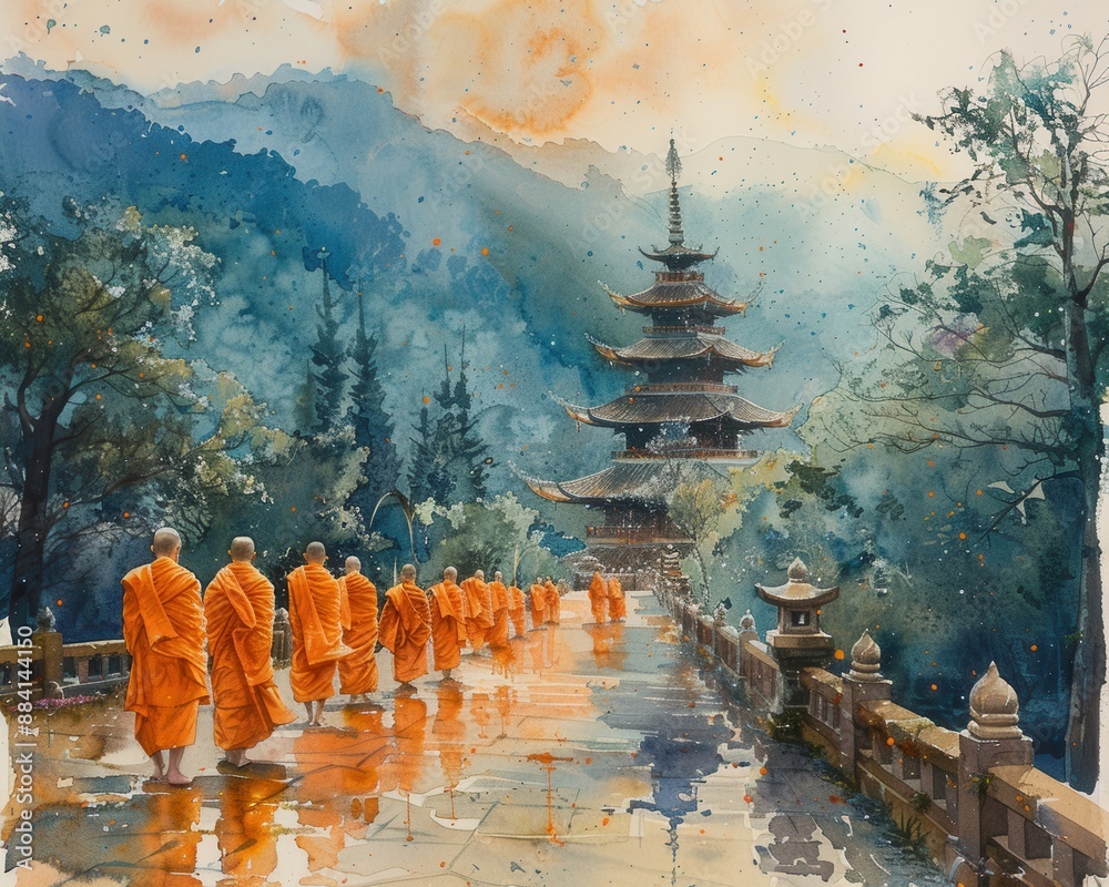 Create a watercolor painting of monks participating in the Thot Kathin ...