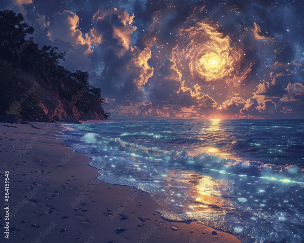 Create a surrealistic painting of a beach where the sand is made of ...