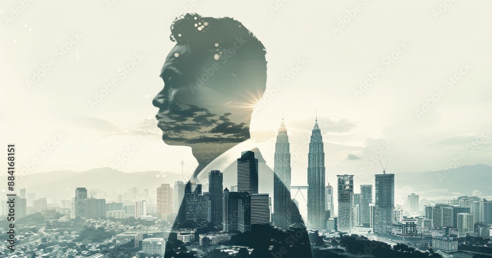 Stylish banker wearing glasses looking into a city's skyline. Two ...