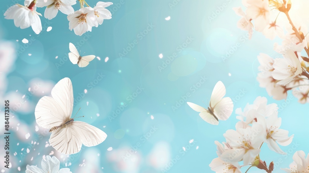 Spring themed banner with white sakura flowers two butterflies and blue ...