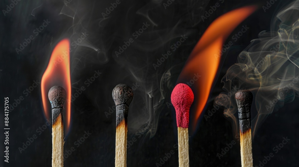Stages of a match burning on black background with red head Various ...