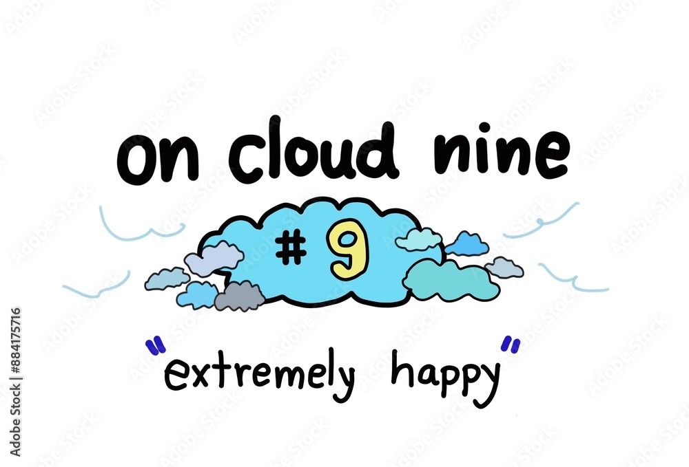 Hand drawn picture of clouds for English idiom: on cloud nine with ...