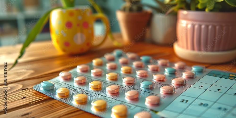 Contraceptive pills and calendar on a table, symbolizing daily routine ...