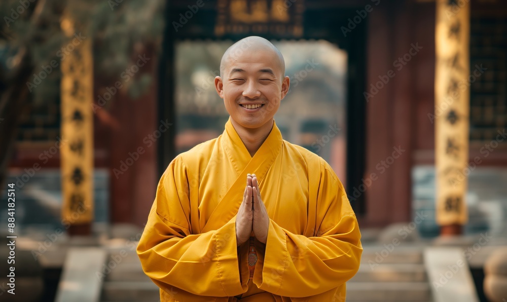 chinese monk wearing yellow, hands clasped, smiling at camera, ancient ...