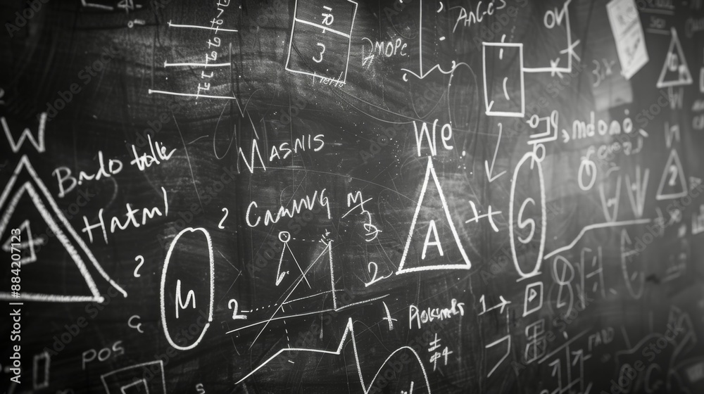 A blackboard in a classroom filled with advanced mathematical equations ...