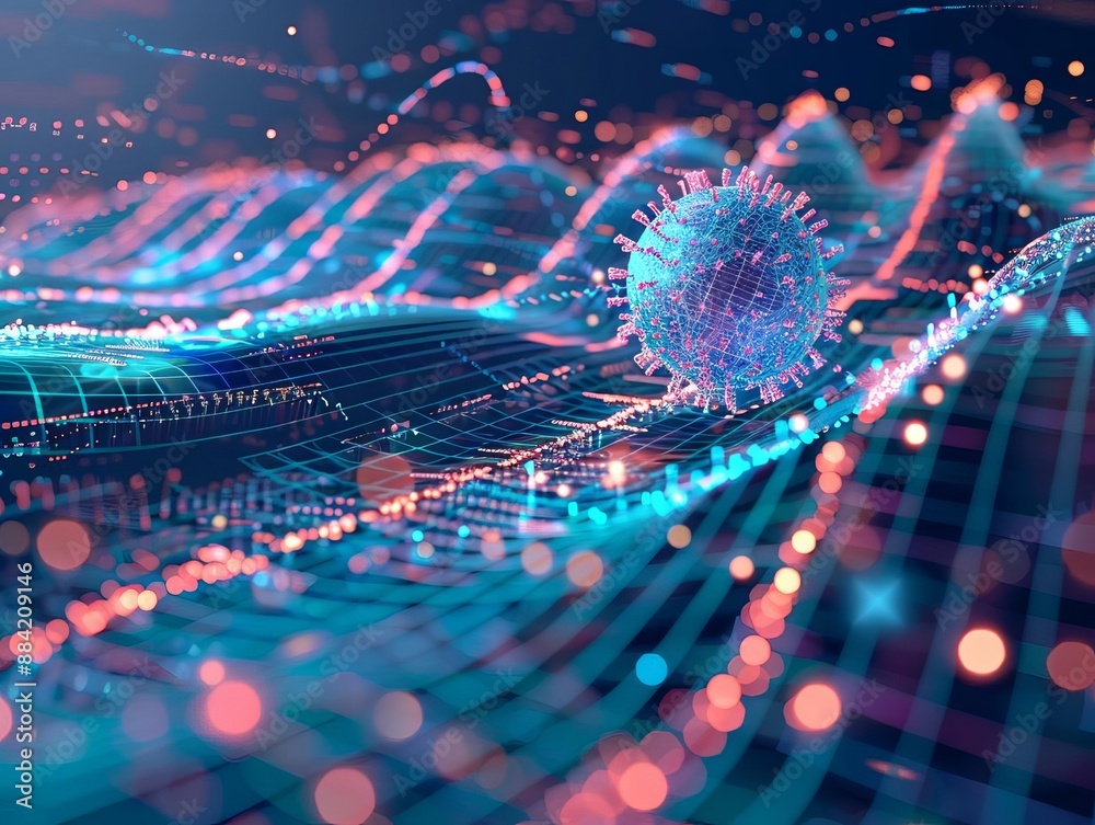 Abstract representation of a virus infiltrating a network, using ...