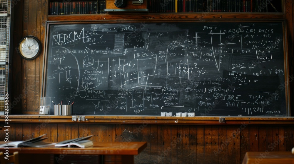 This image shows a classroom blackboard densely packed with complex ...