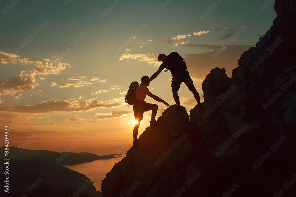 Man is giving helping hand, Silhouettes of people climbing on mountain ...