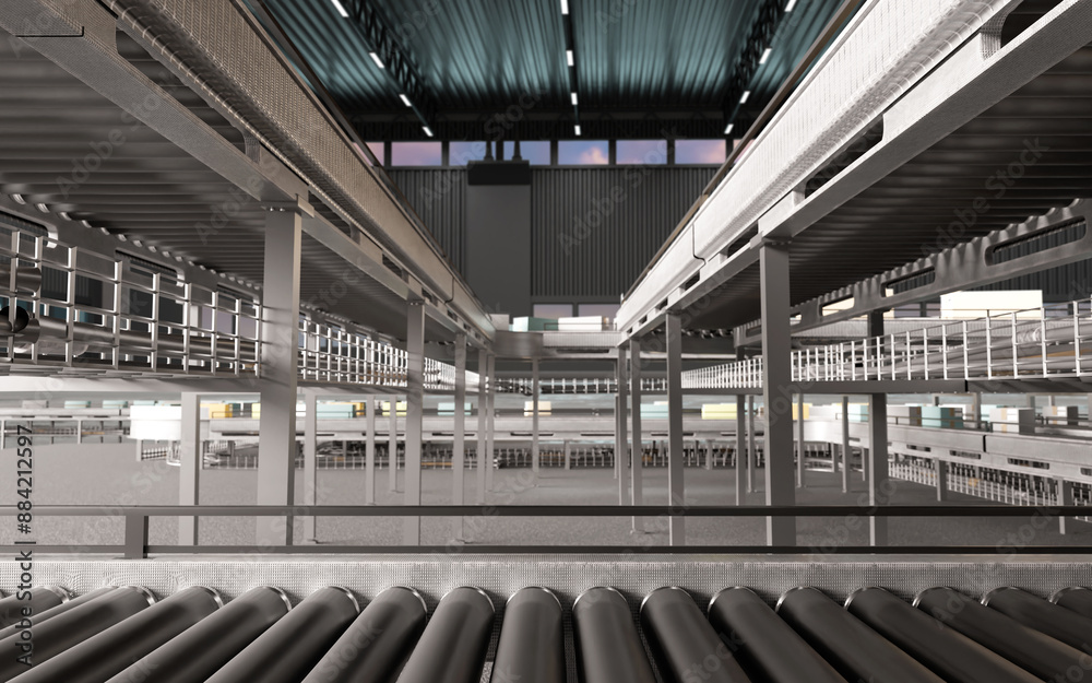 Empty production line. Multi-tier conveyor inside building. Production ...